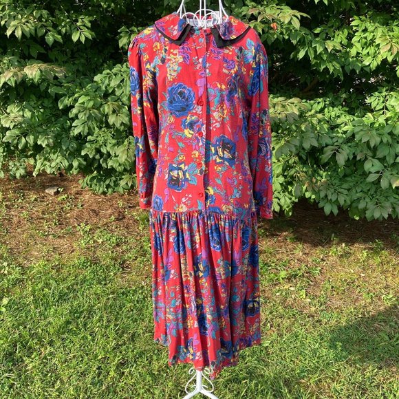Vintage | Dresses | Vintage Dress Dark Floral 9s Cottage Core Red Blue ...